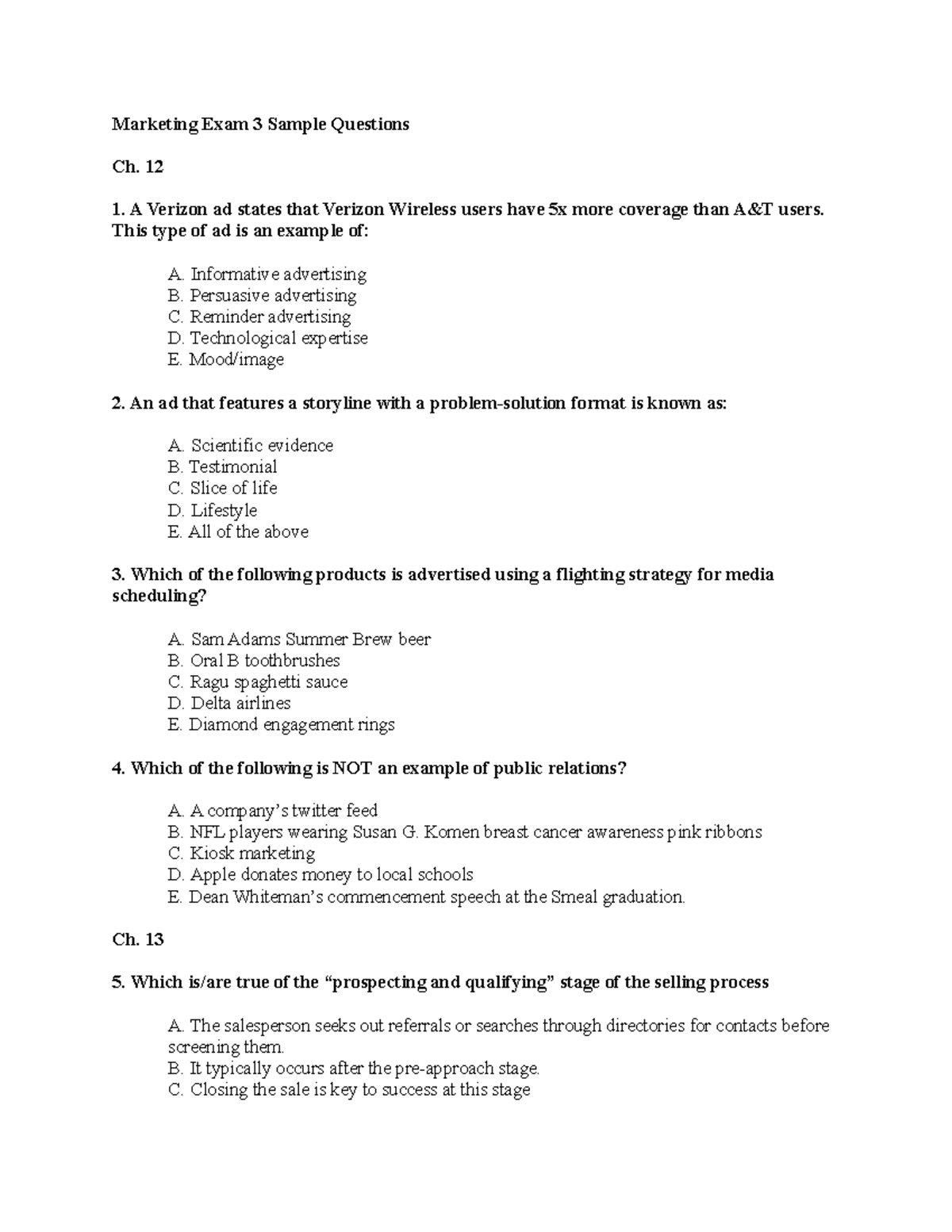 Marketing Exam 3 Sample Questions - Marketing Exam 3 Sample Questions ...