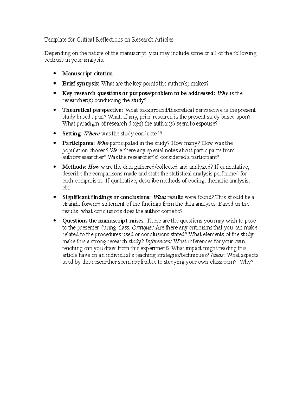 Template for critical review - Template for Critical Reflections on ...