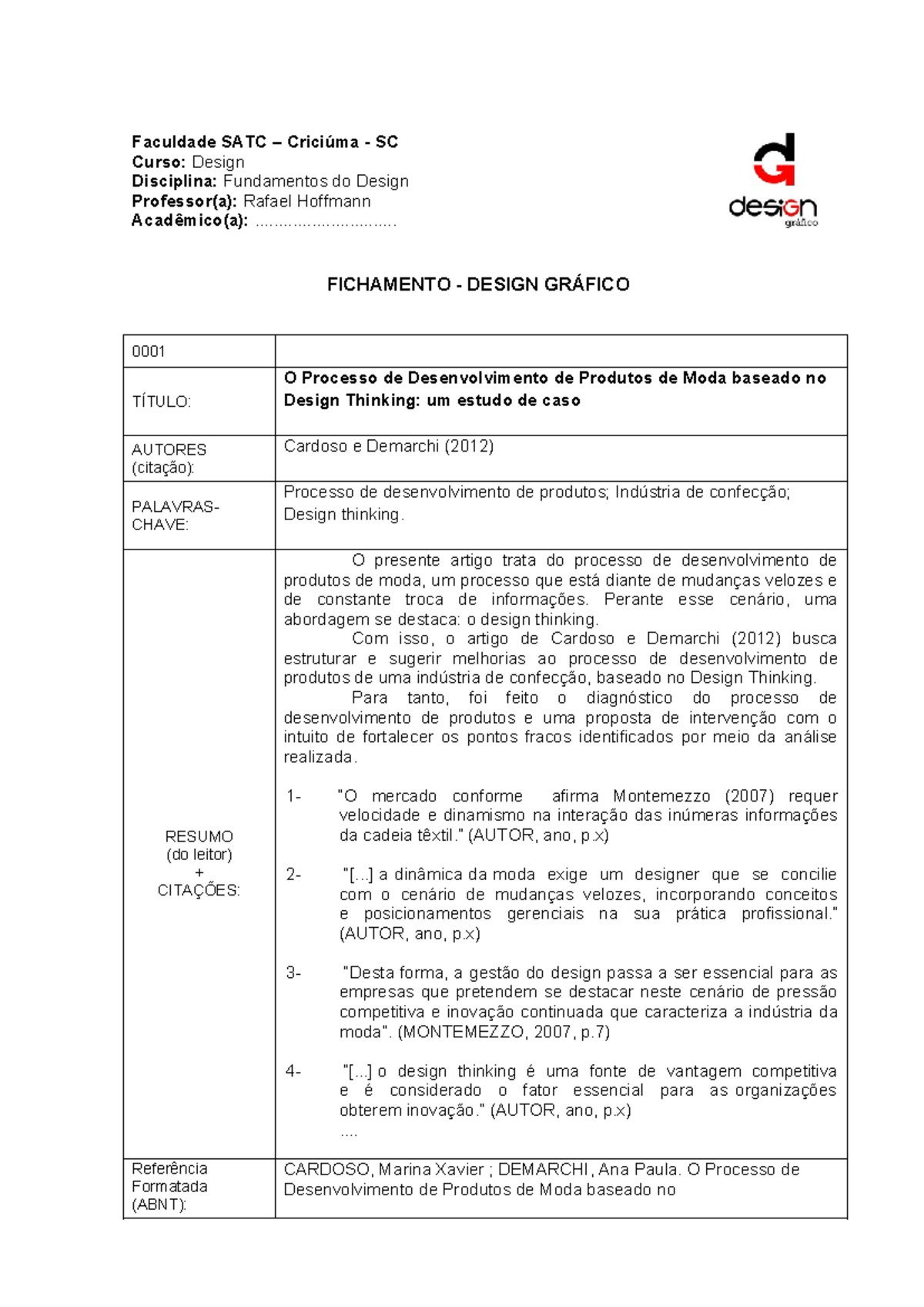 Modelo fichamento - Faculdade SATC – Criciúma - SC Curso: Design ...