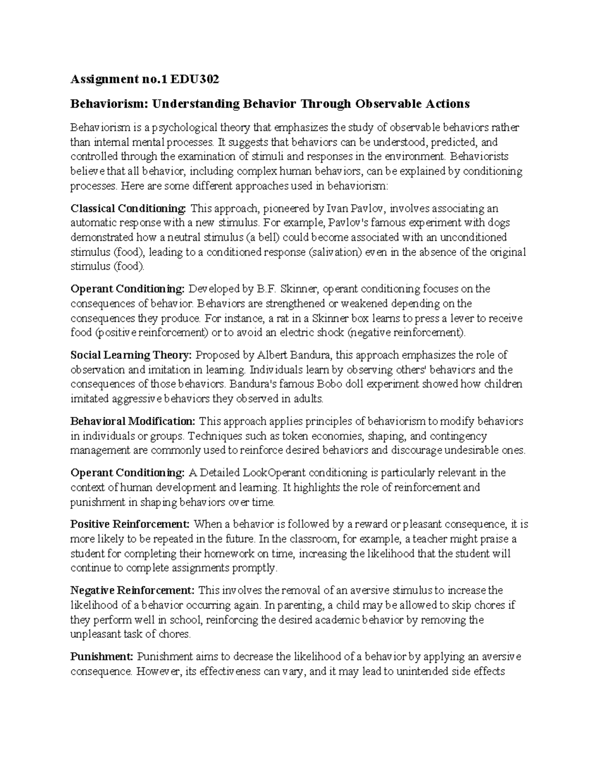 Assign - Assignment no EDU Behaviorism: Understanding Behavior Through Observable Actions - Studocu