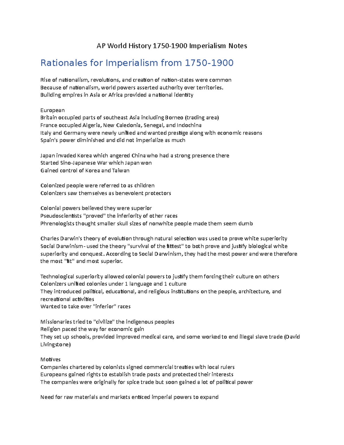 AP World History Imperialism Notes - AP World History 1750-1900 ...