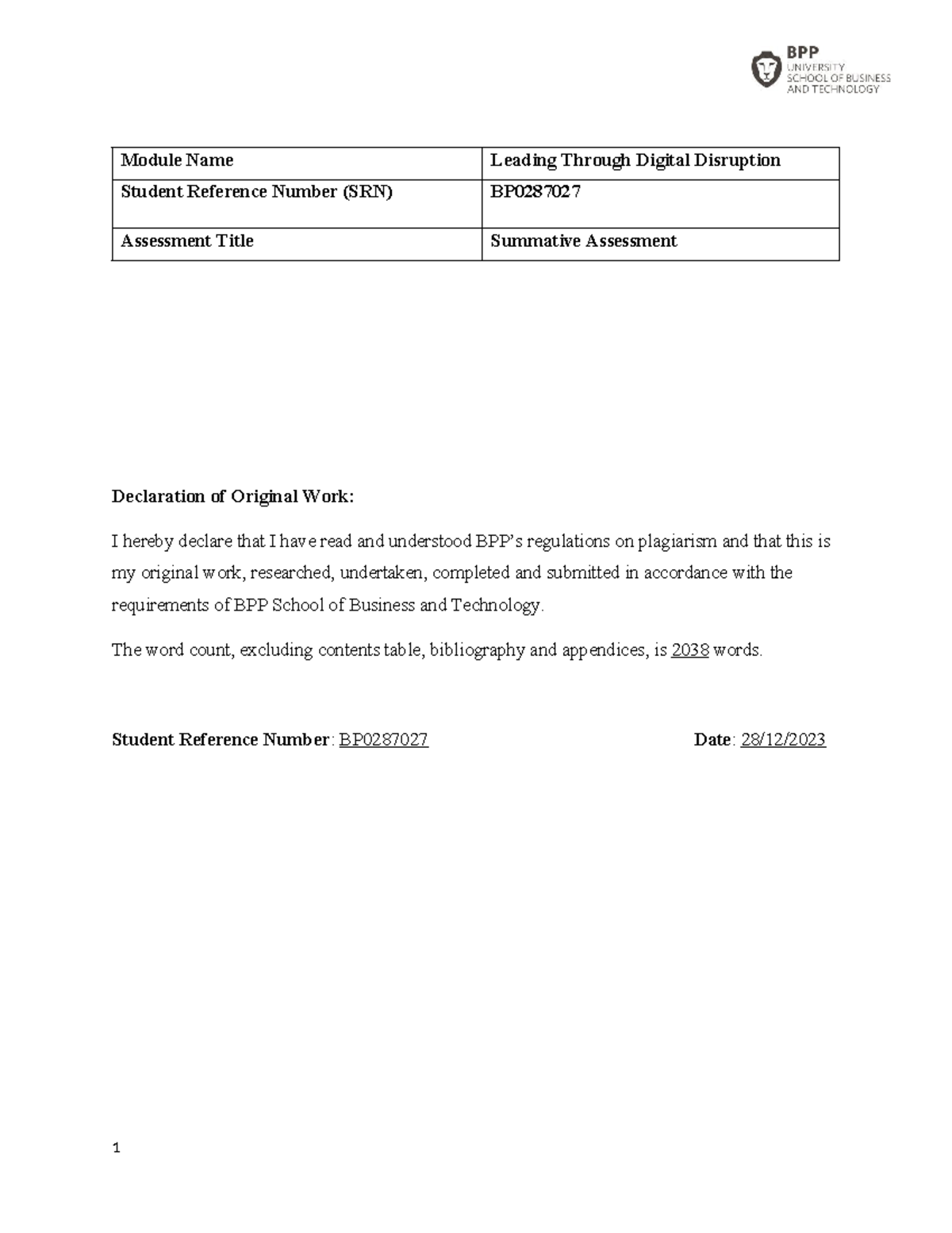 LTDD - Summative Assessment - Module Name Leading Through Digital Disruption Student Reference ...