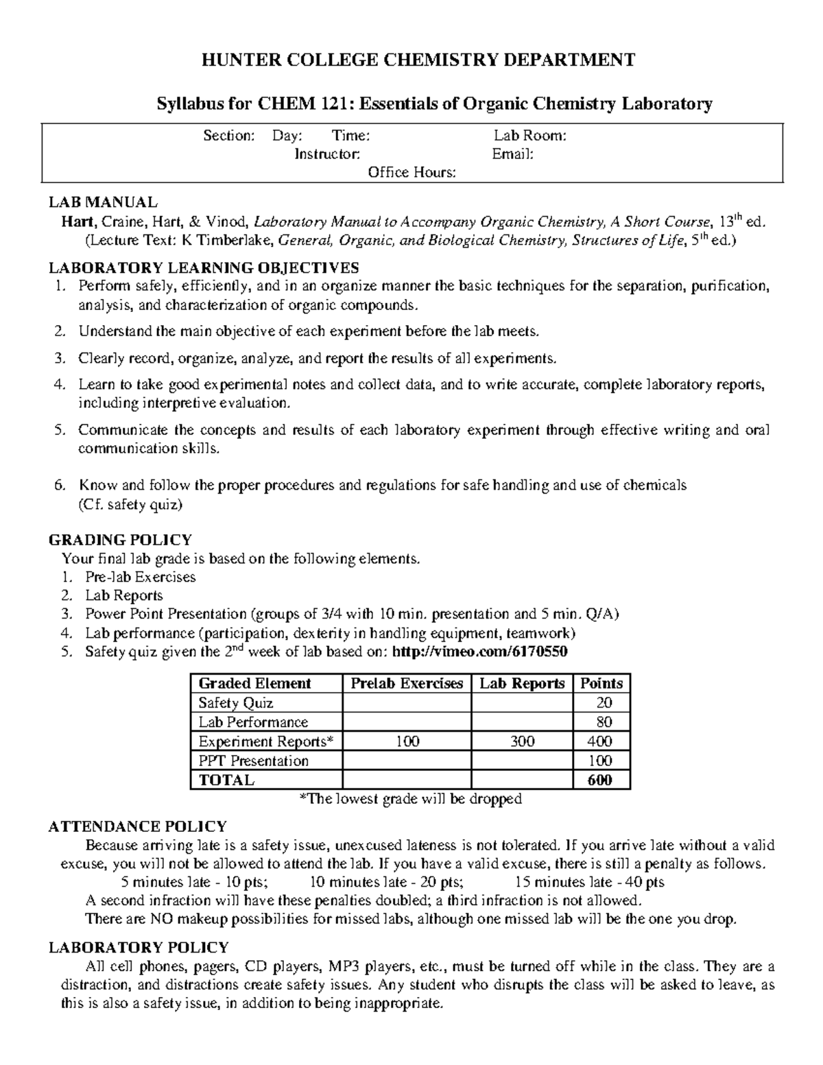 Chem 12100 essentials of organic chemistry lab - HUNTER COLLEGE ...