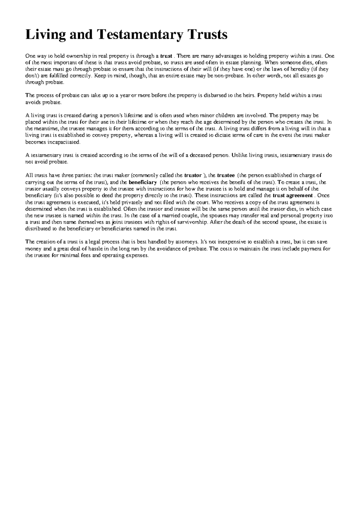 Living and Testamentary Trusts - There are many advantages to holding ...