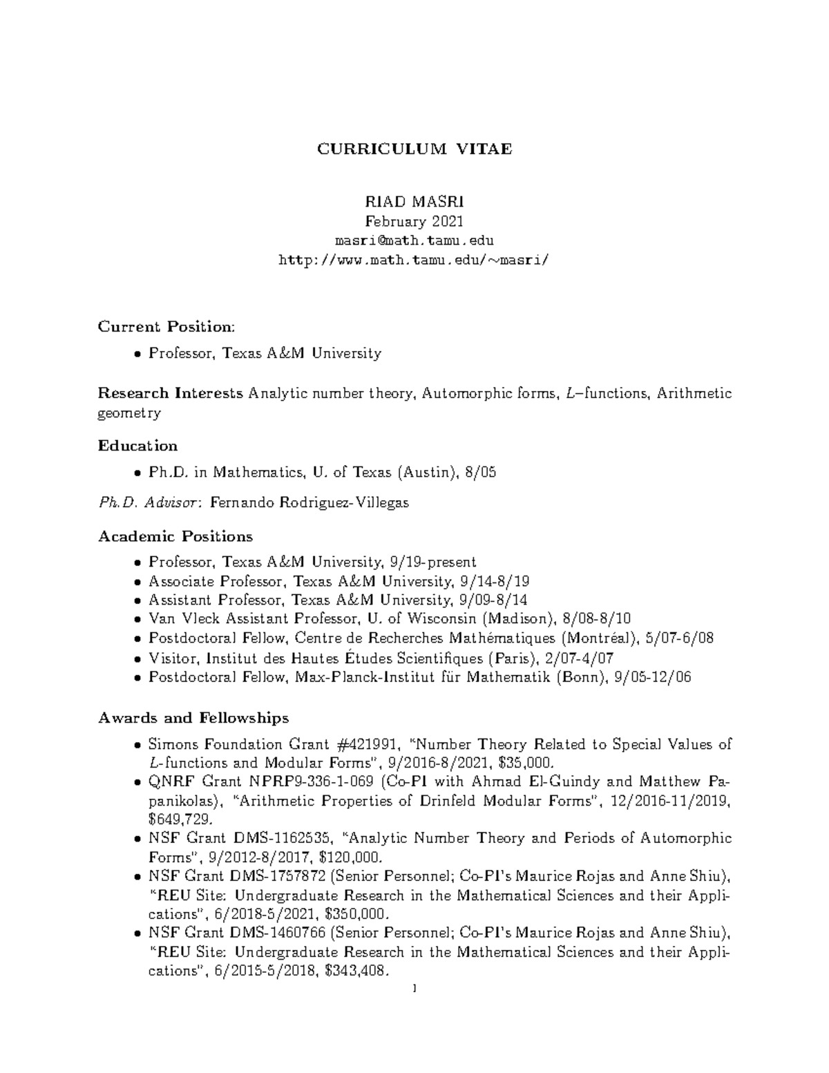 Masri CV-2-21 - RIAD MASRI February 2021 masri@math.tamu math.tamu/∼masri/ Current Position ...