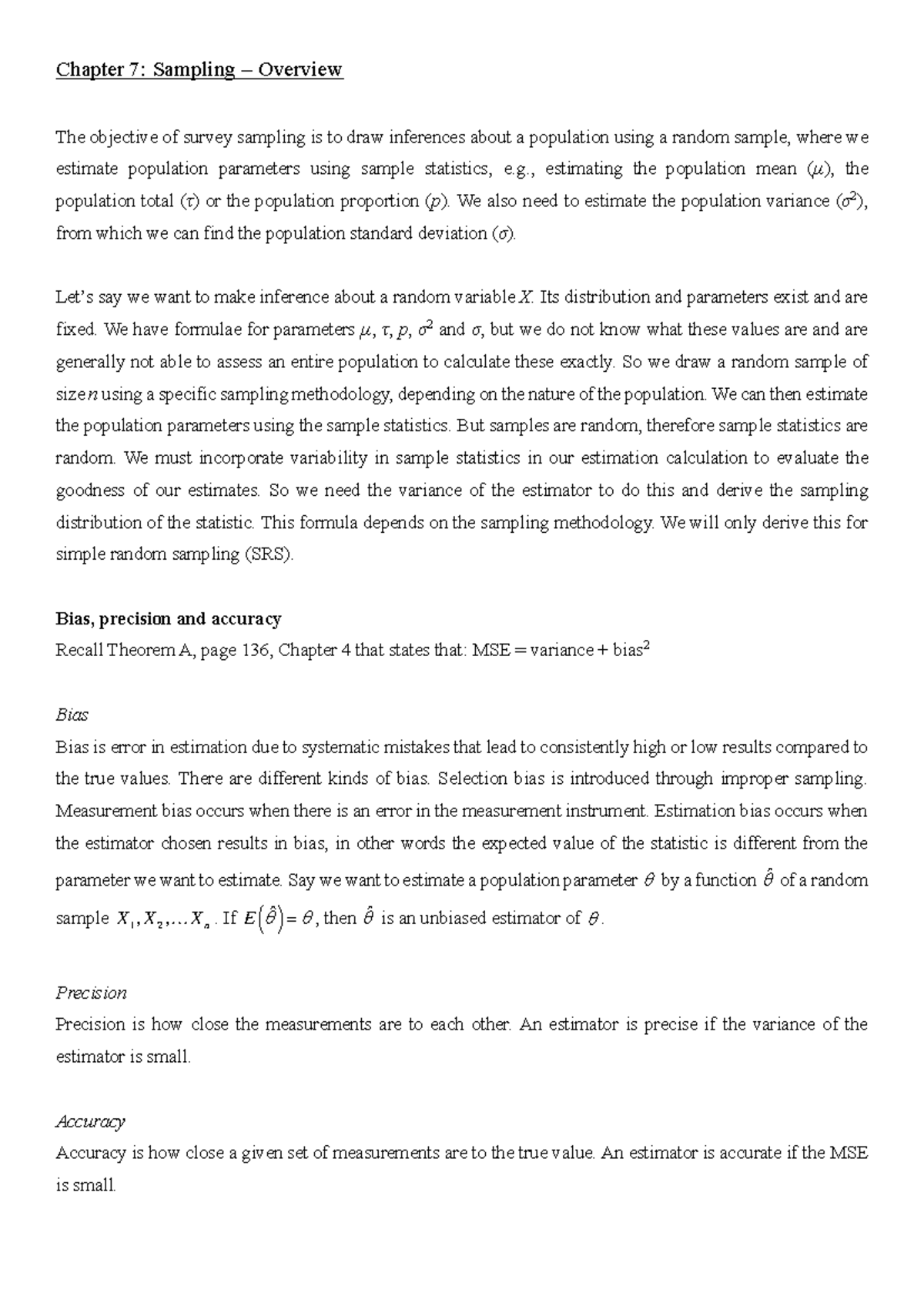 Chapter 7 Overview - Chapter 7: Sampling – Overview The objective of ...