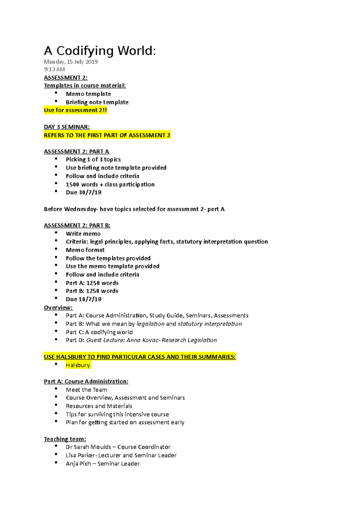Legislation - Lecture notes 1-10 - A Codifying World: Monday, 15 July ...