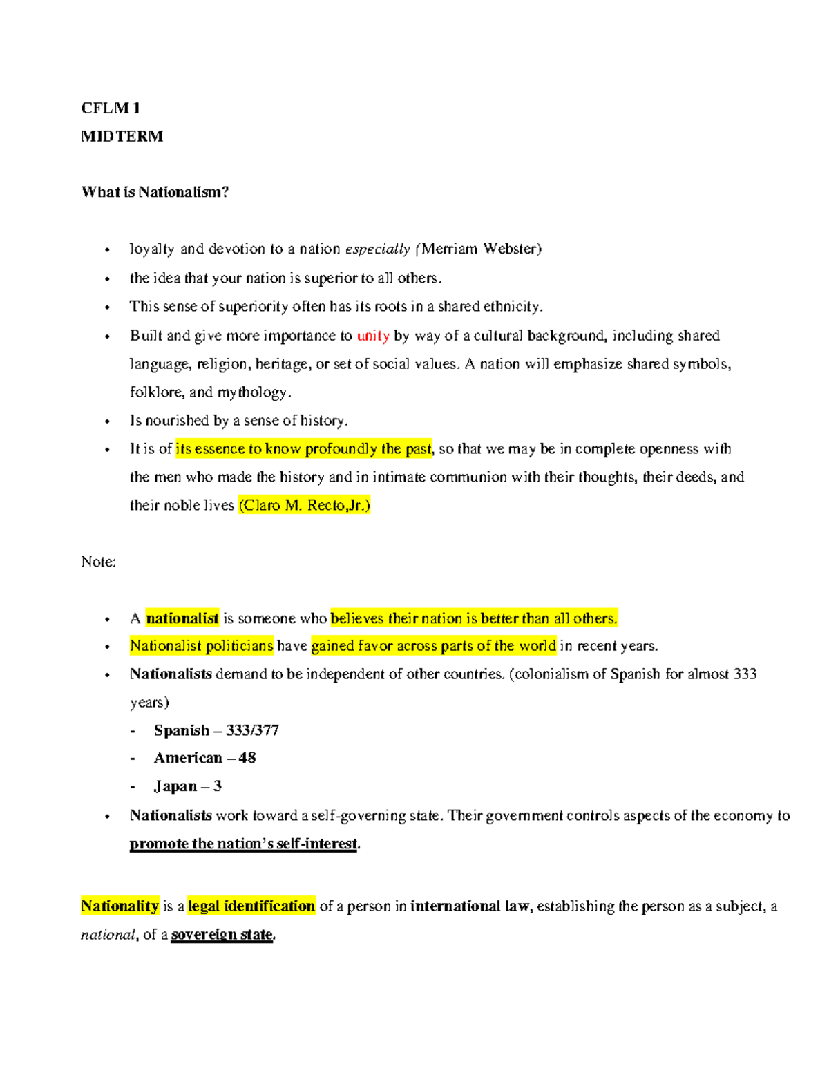 CFLM 1 Midterm Lahat NA - Reviewer - CFLM 1 MIDTERM What is Nationalism? - loyalty and devotion ...