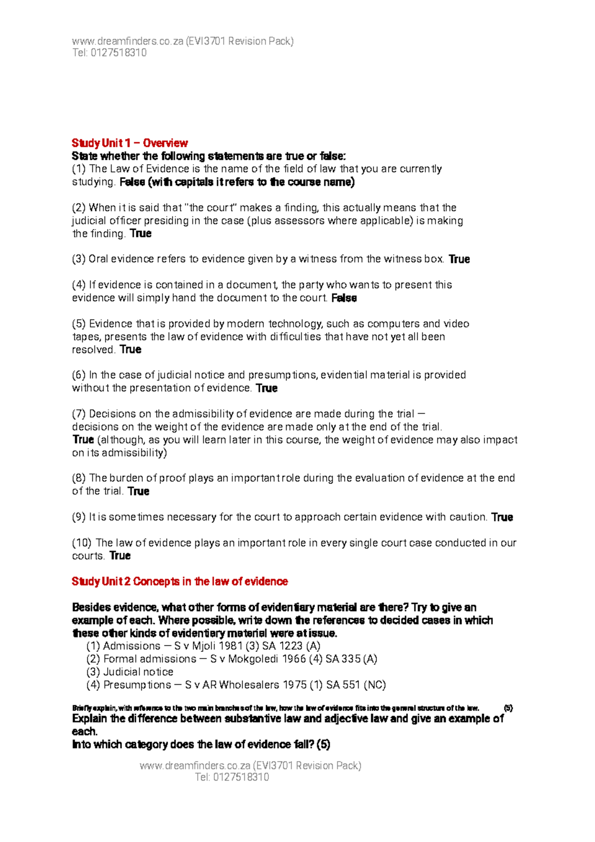 Complete Revision Pack (exam notes evi3701)(1)-4 - Tel: dreamfinders.co ...