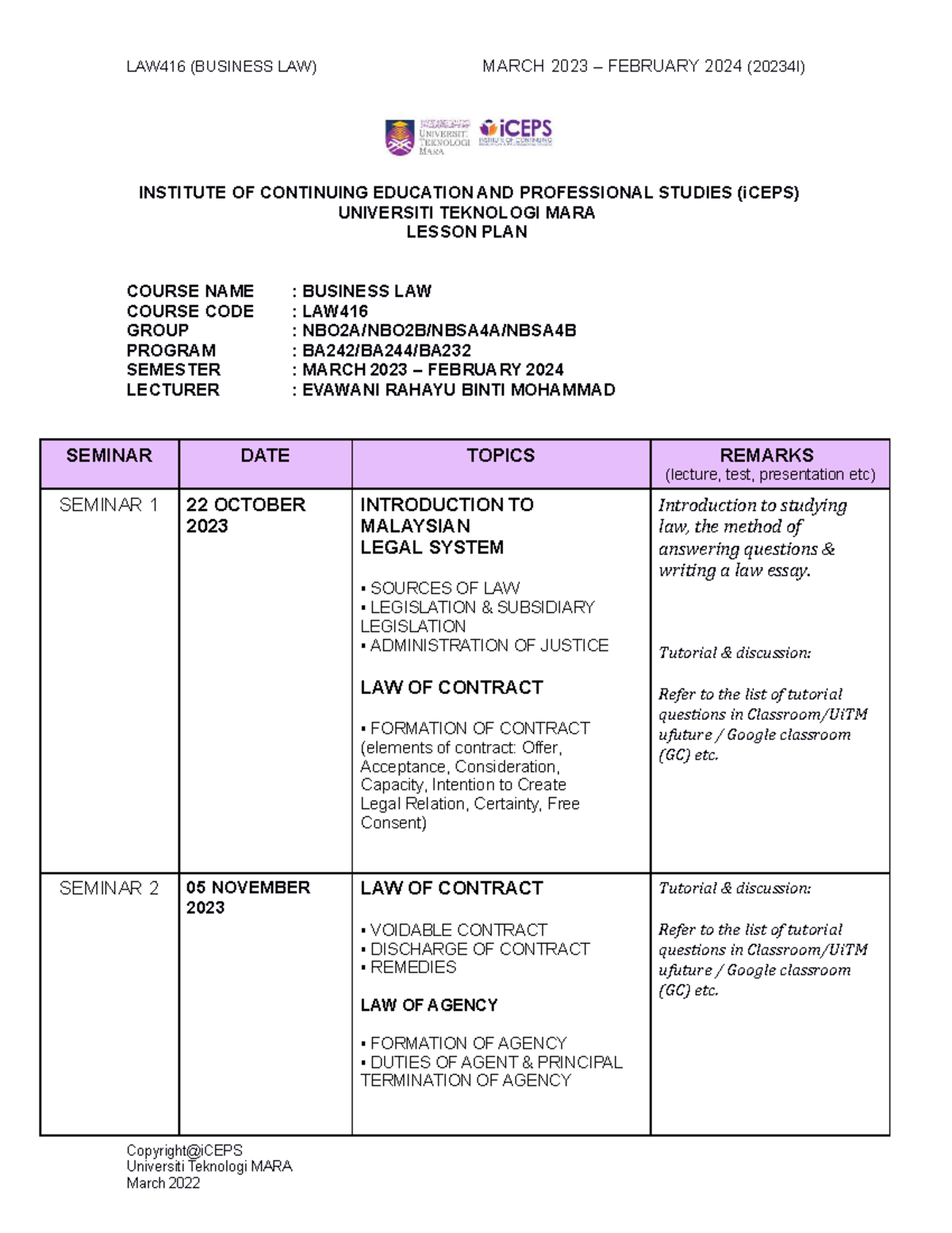 Lesson PLAN LAW416 OCT 2023- FEB 2024 Iceps - LAW416 (BUSINESS LAW ...