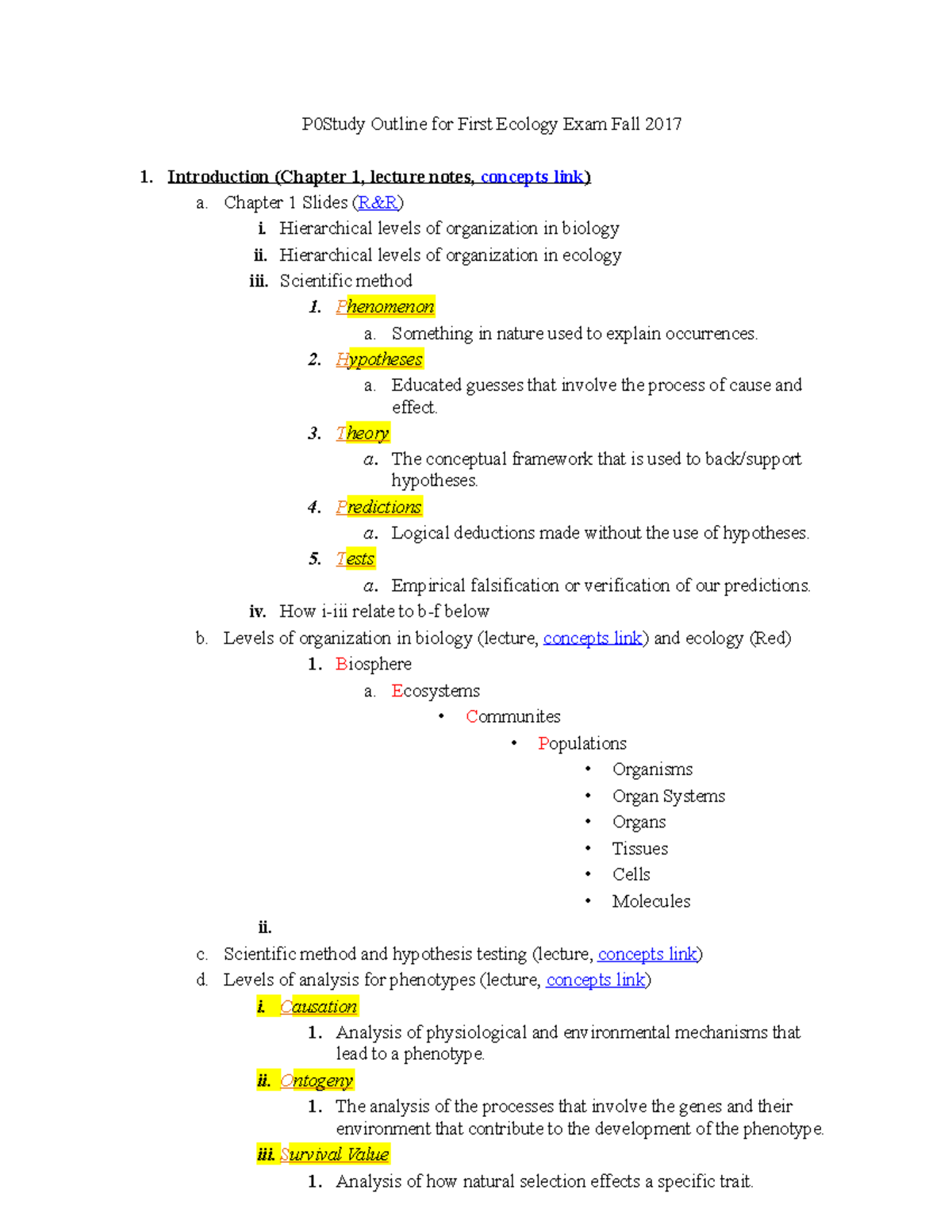 Study Outline for First Ecology Exam Fall 2017-converted - P0Study ...