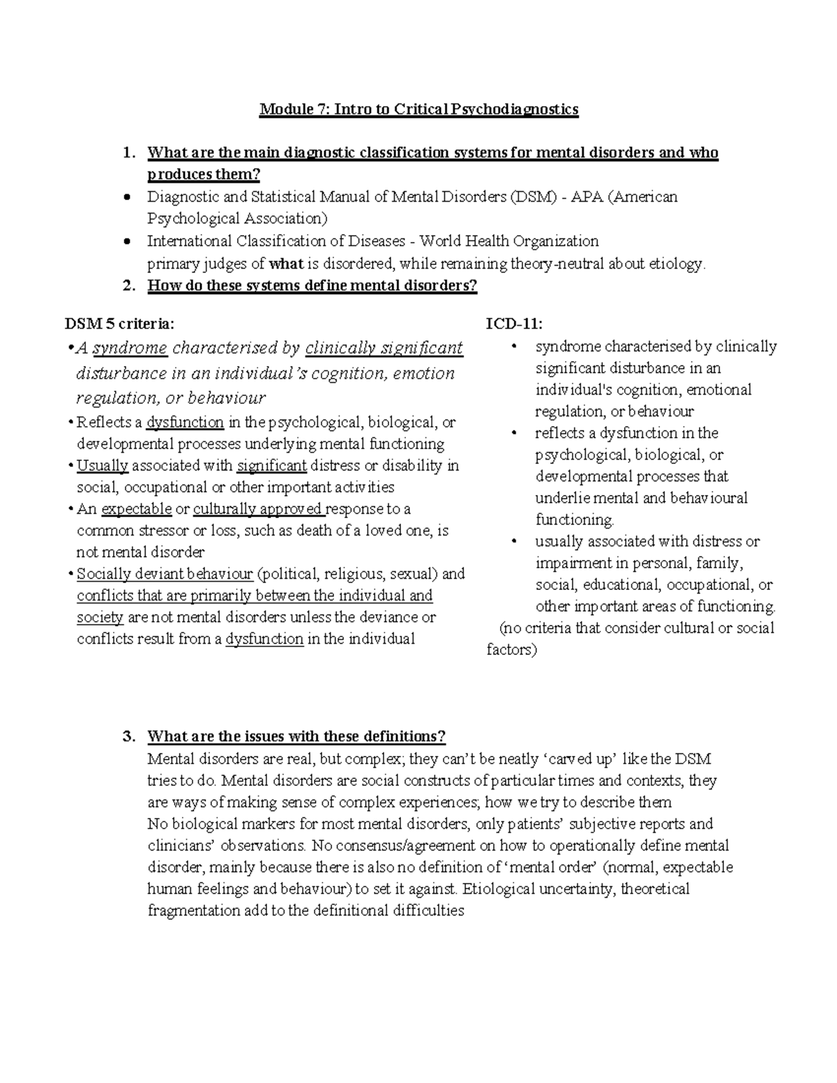 Psy3011s - Notes - Module 7: Intro to Critical Psychodiagnostics What ...