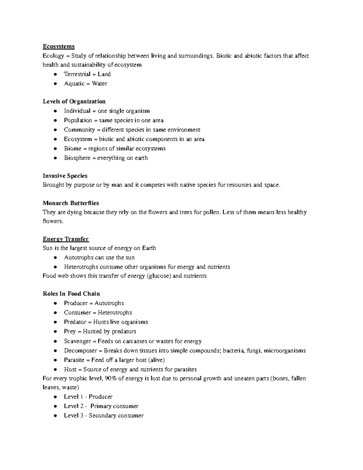 Ecology Unit Test - Notes - Ecosystems Ecology = Study of relationship ...
