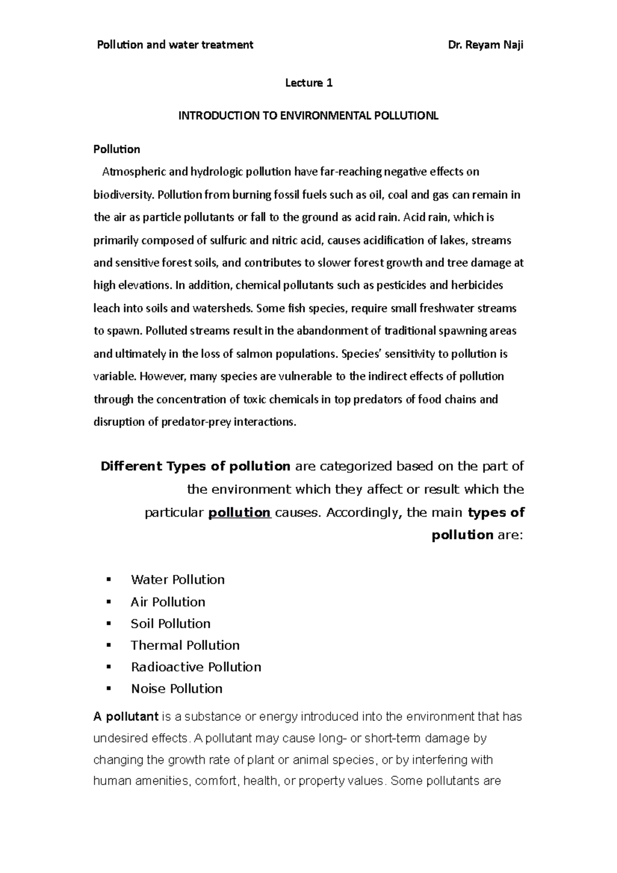Water pollution - Lecture 1 INTRODUCTION TO ENVIRONMENTAL POLLUTIONL ...