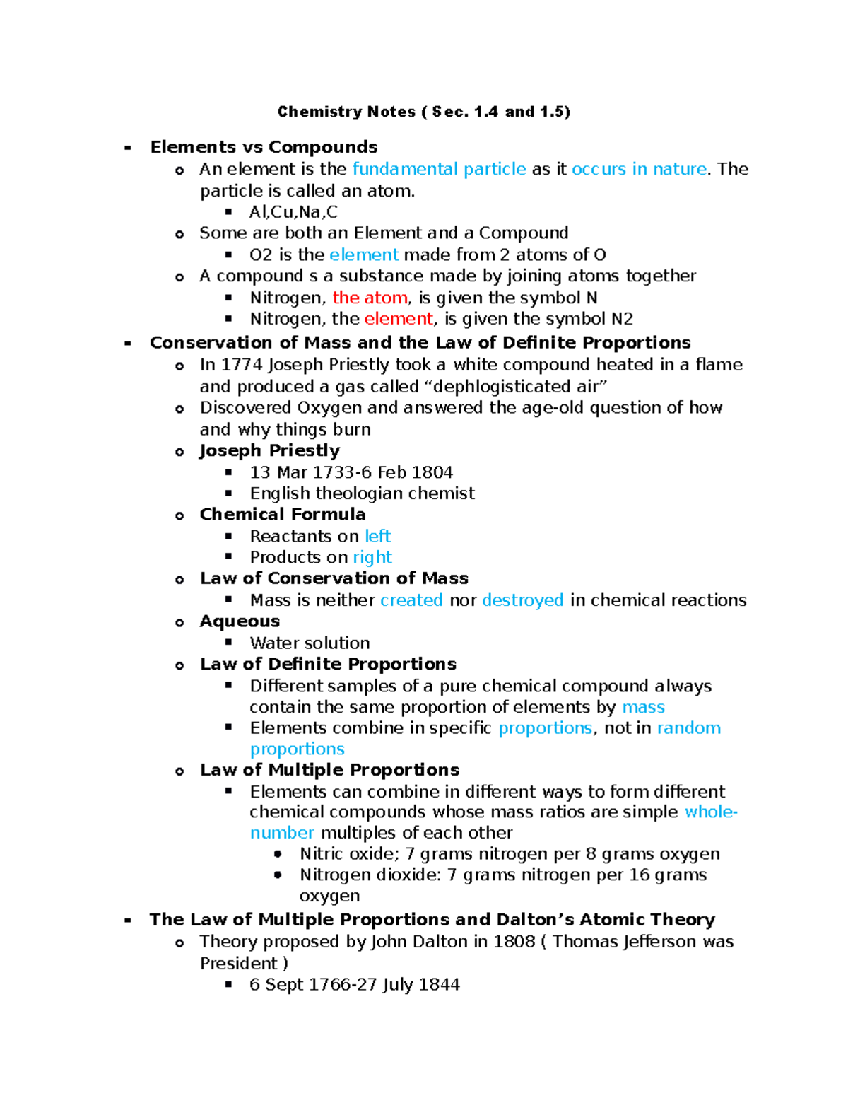 Chemistry Notes 1.4 and 1 - Chemistry Notes ( Sec. 1 and 1) Elements vs ...