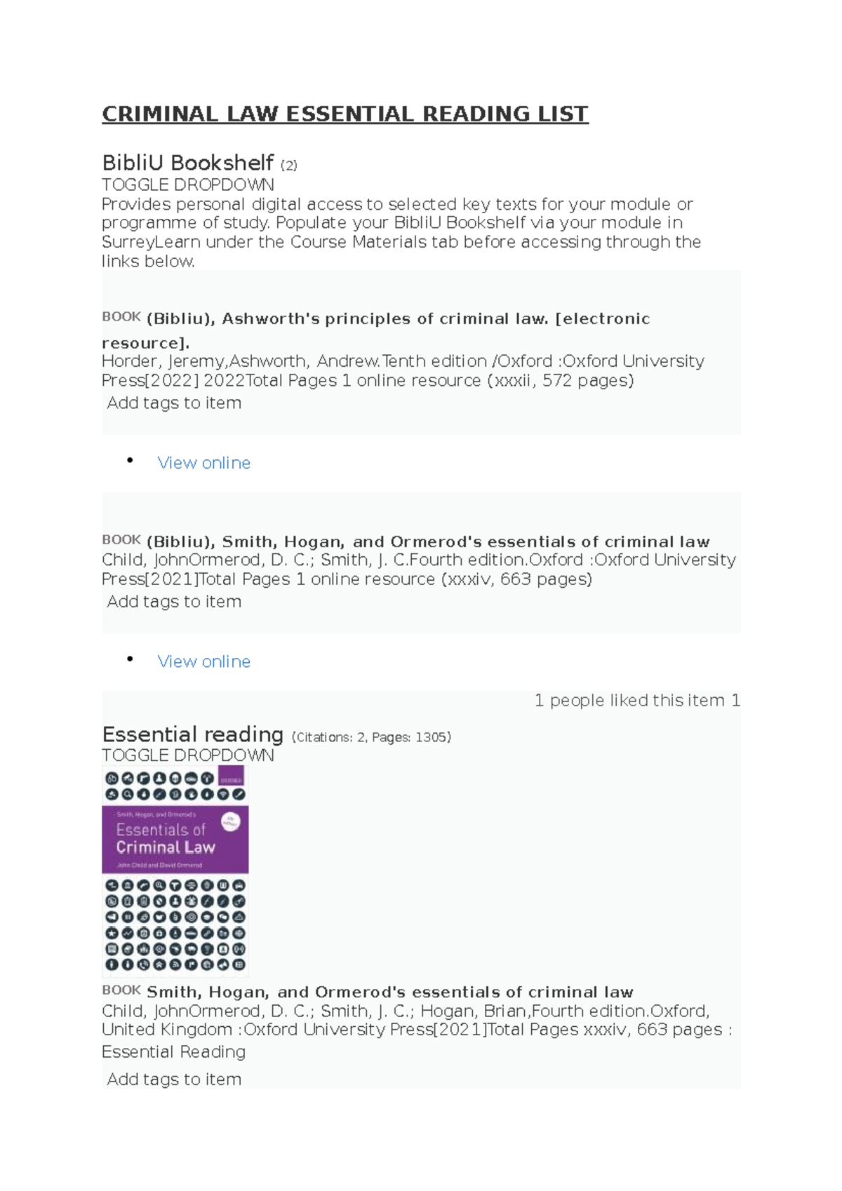 Criminal LAW Essential Reading LIST - CRIMINAL LAW ESSENTIAL READING ...