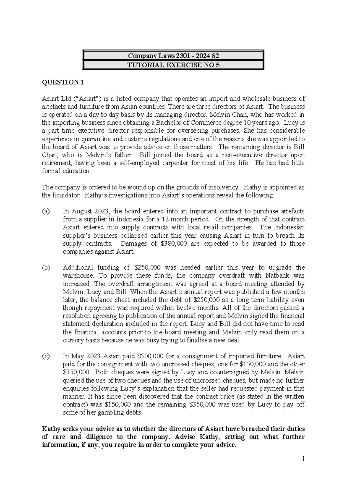 Tutorial Exercise NO 5 Company Laws 2301 - 2024 S2 - Company Laws 2301 - 2024 S TUTORIAL ...