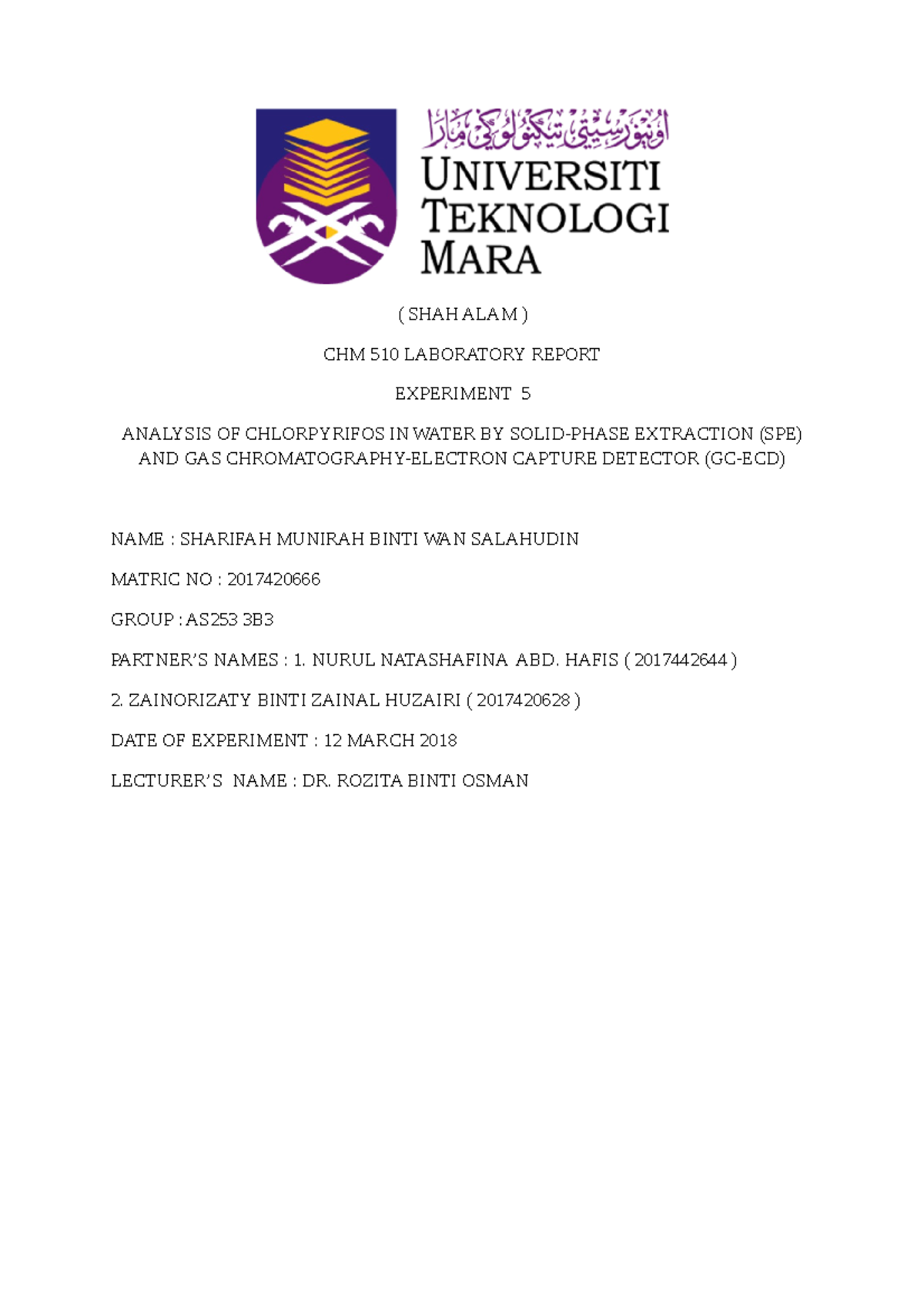 SPE 5 - some work for students - ( SHAH ALAM ) CHM 510 LABORATORY ...