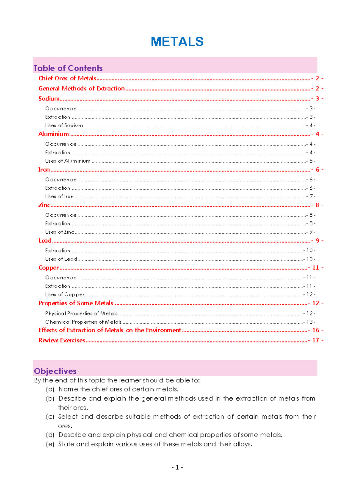 4.5 Metals 11 - 1 - METALS Table of Contents Chief Ores of - Studocu