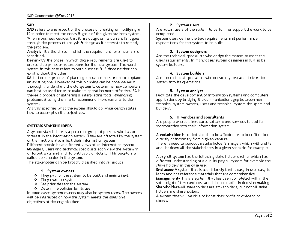 System Analysis and Design Lecture 3 - SAD Course notes @Fred 2018 SAD ...