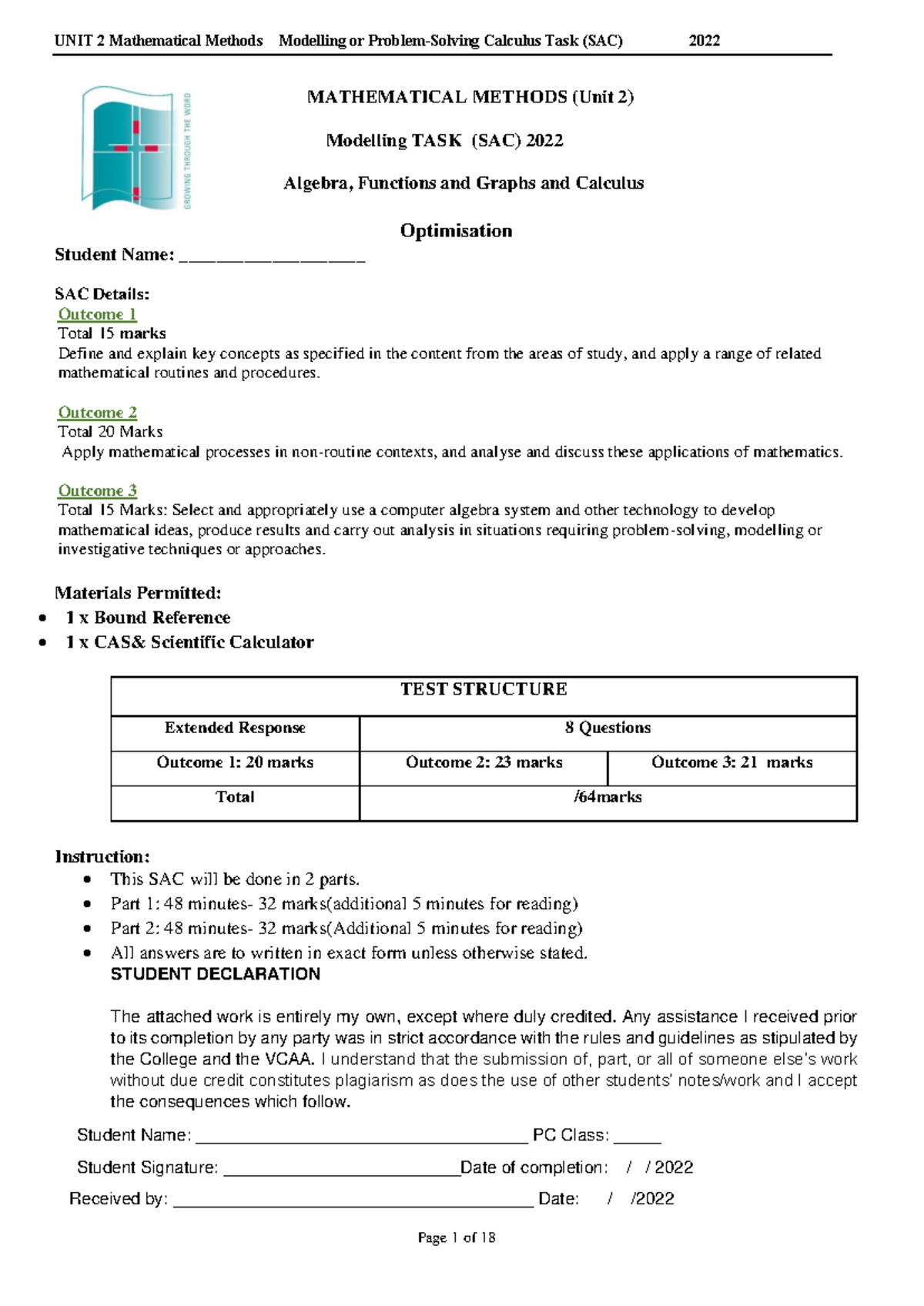 Calculus Task 2022 with solutions - MATHEMATICAL METHODS (Unit 2 ...