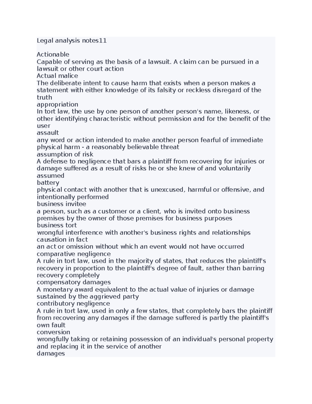 Legal analysis notes 11 - Legal analysis notes Actionable Capable of ...