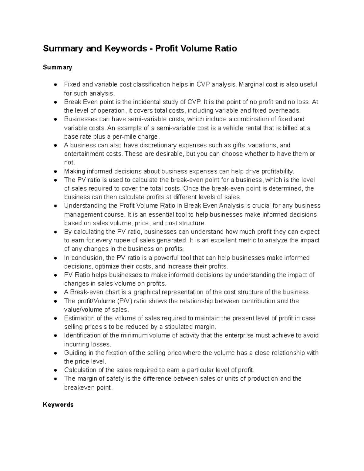 Summary and Keywords - Profit Volume Ratio - Summary and Keywords ...