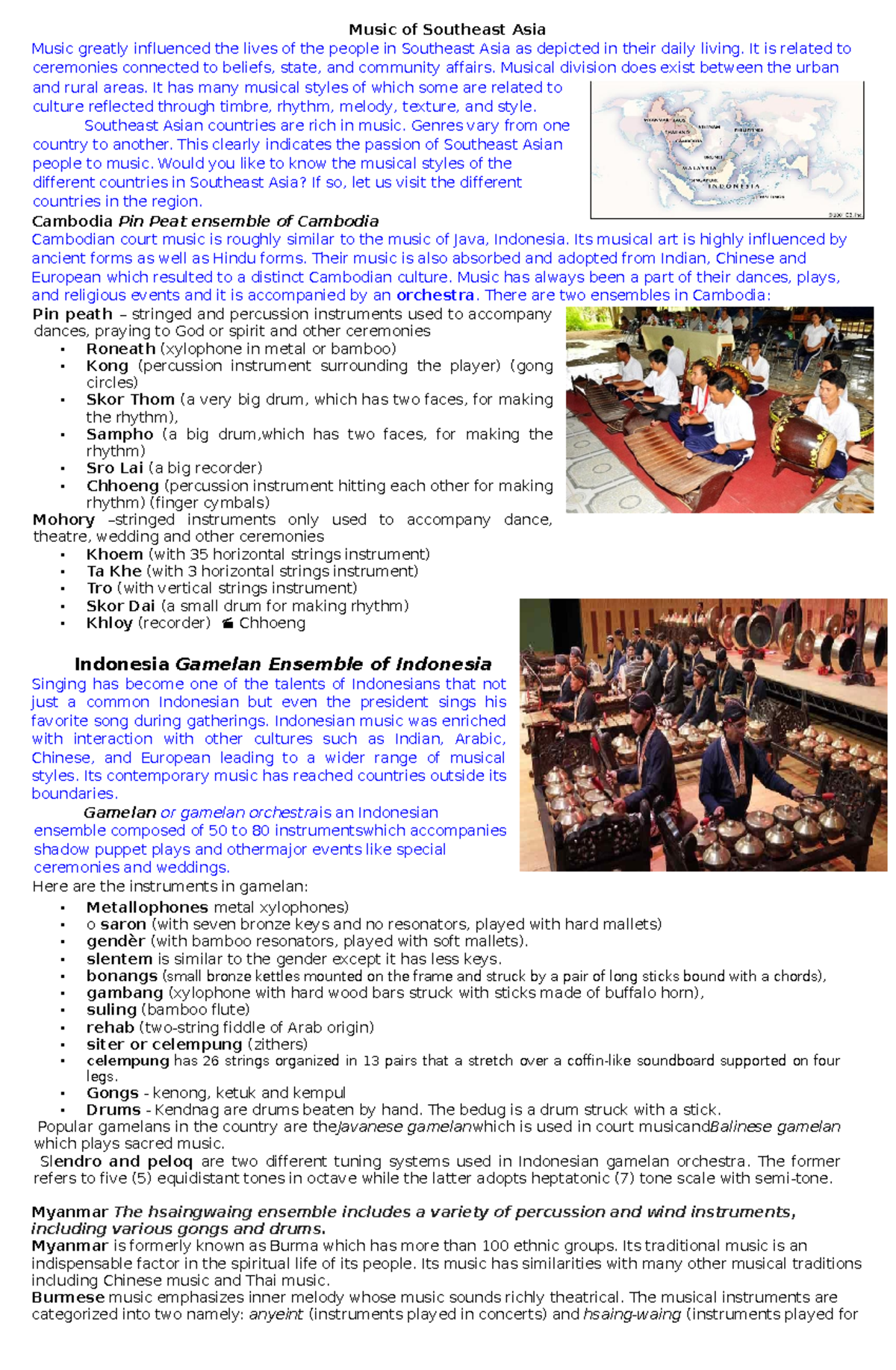 Music Handouts WEEK 1 - Music of Southeast Asia Music greatly ...