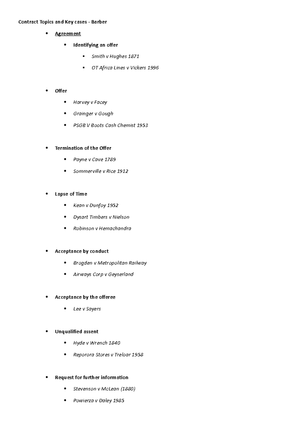Contract Topics and Key cases - sem 1 - Contract Topics and Key cases ...
