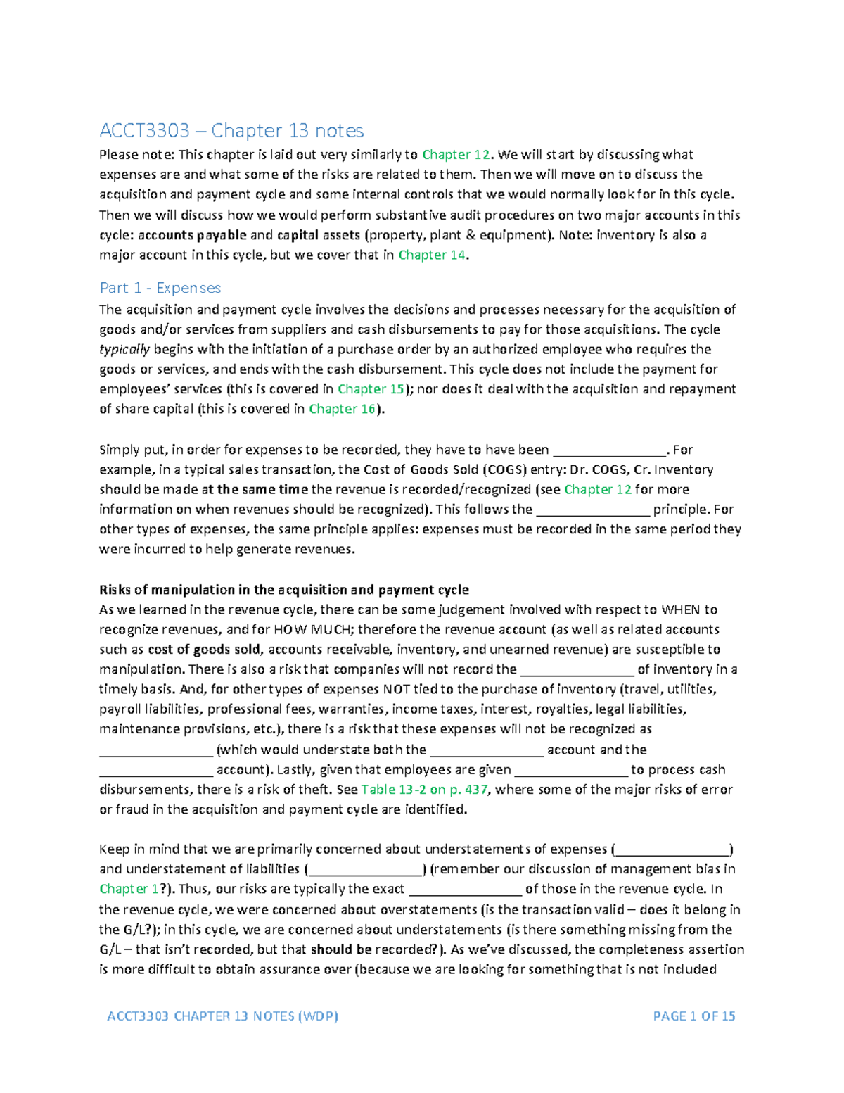 Chapter 13 notes - Student - ACCT3303 – Chapter 13 notes Please note ...