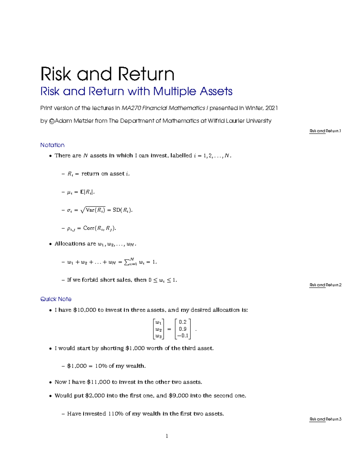 MA270 Risk Return Multiple Notes - Risk and Return Risk and Return with ...