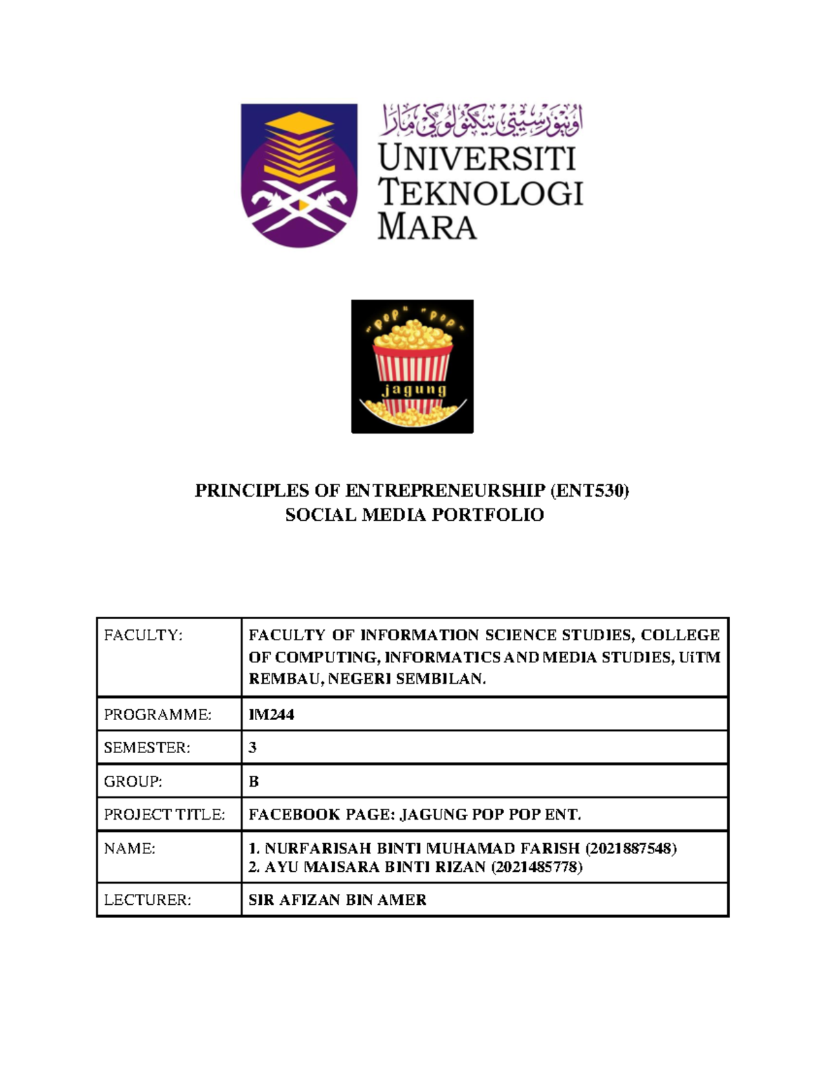 Social Media Portfolio Jagung POP POP ENT - PRINCIPLES OF ...