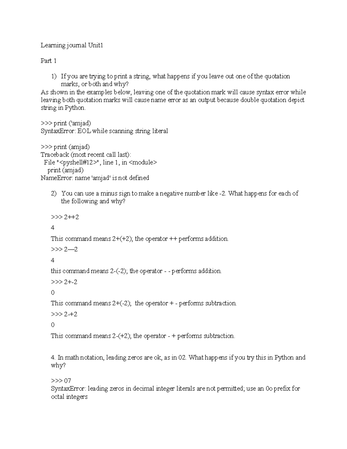 Python - Learning journal 1 - Learning journal Unit Part 1 If you are ...