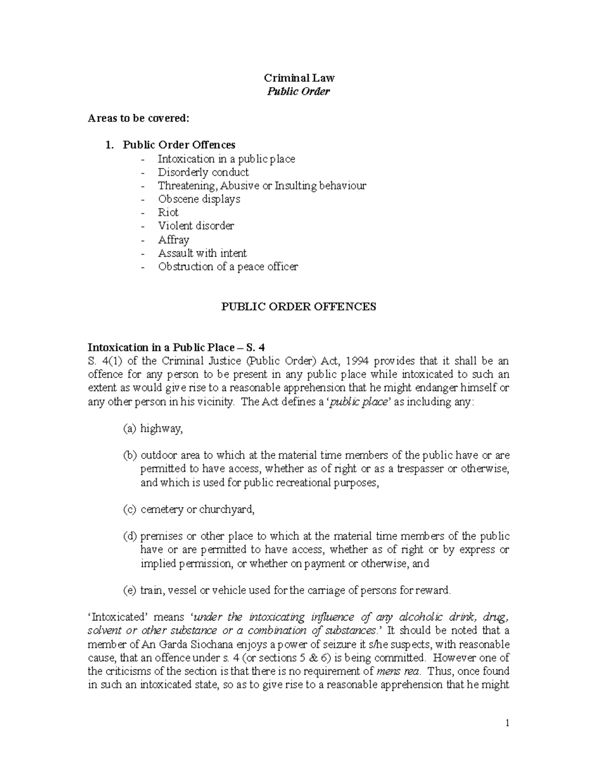 Public Order Notes - Criminal Law Public Order Areas to be covered ...