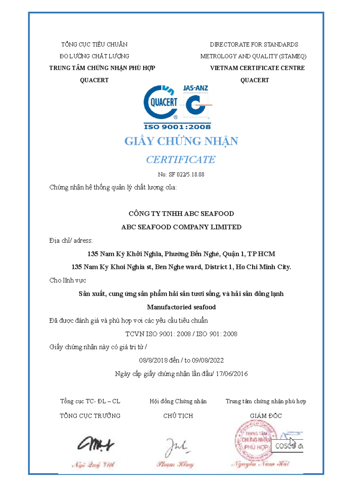 CHỨNG NHẬN CHẤT LƯỢNG CỦA ISO - TỔNG CỤC TIÊU CHUẨN DIRECTORATE FOR ...