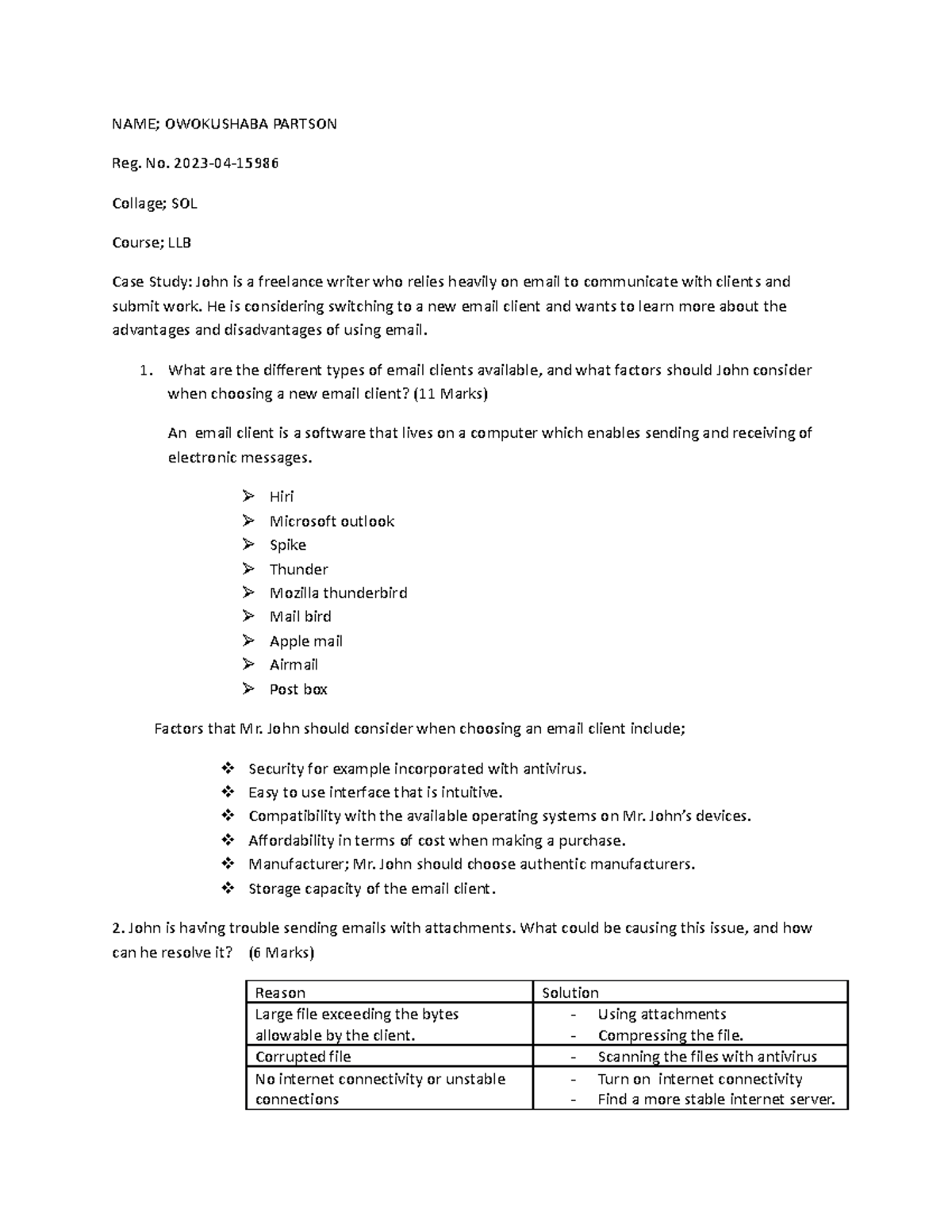 Computer Assignment Name Owokushaba Partson Reg No 2023 04 Collage Sol Course Llb Case
