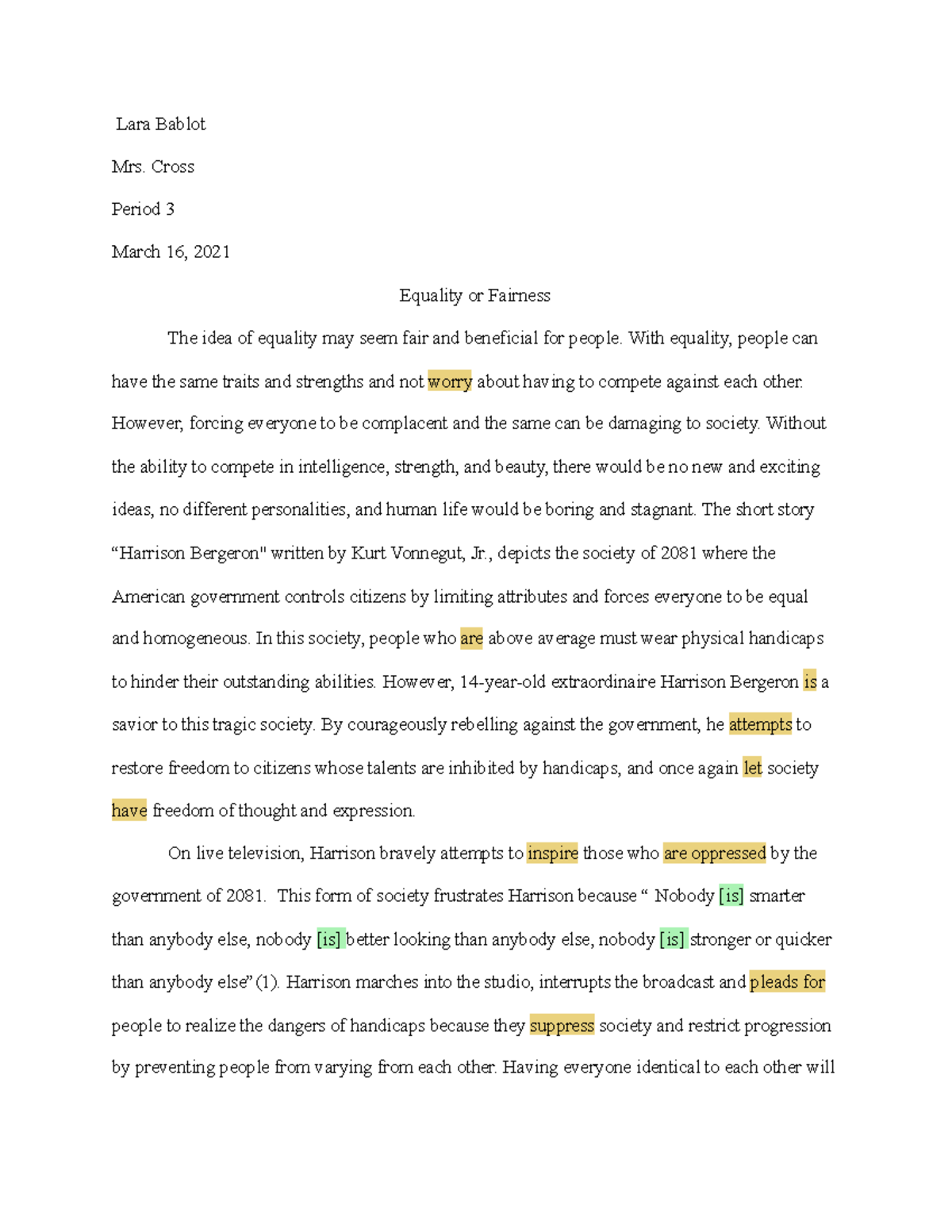 Lara Bablot - Draft for Harrison Bergeron Argumentative Five Paragraph ...