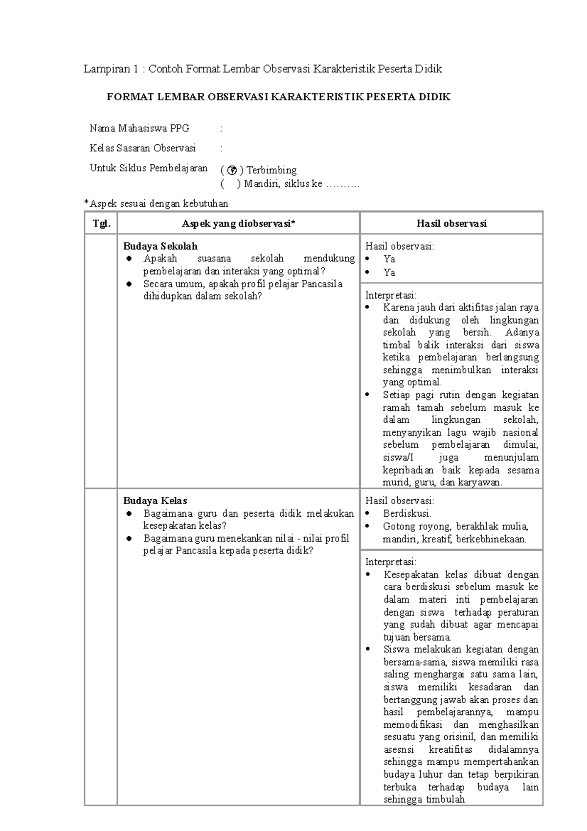 Unggah Laporan Observasi PPL 1 - Lampiran 1 : Contoh Format Lembar ...