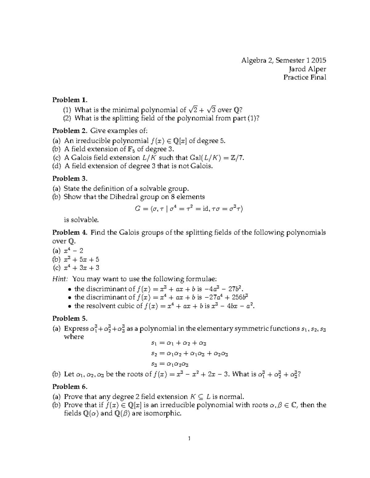Practice exam questions, as preparation for final exam (2015) - Algebra ...