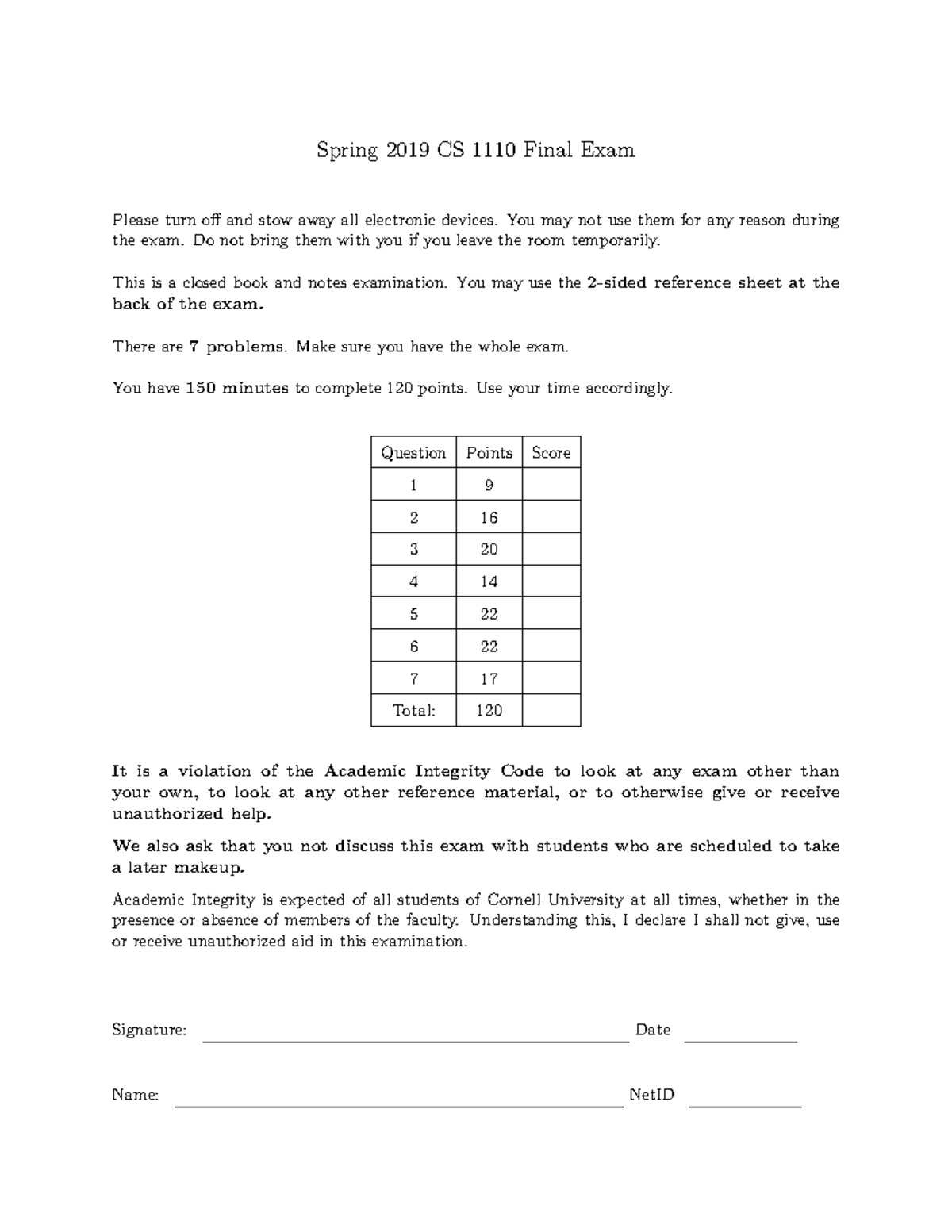 2019 Spring Final Past Finals From Cs 1110 Taught By Professor Anne Bracy And Professor