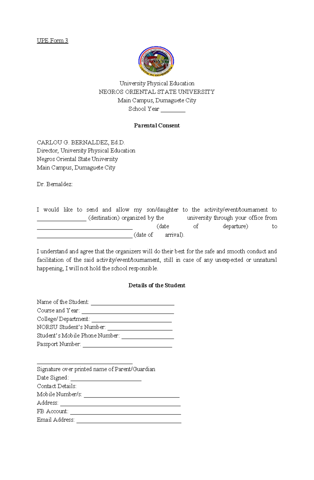 UPE-Parental-Consent - UPE Form 3 University Physical Education NEGROS ...