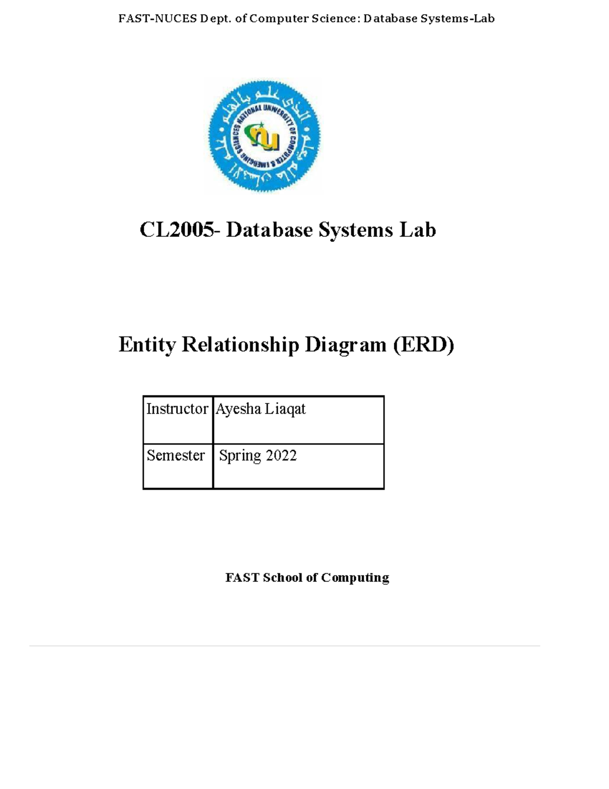 Lab4 - This is erd diagram. - FAST-NUCES Dept. of Computer Science: Database Systems-Lab CL2005 ...