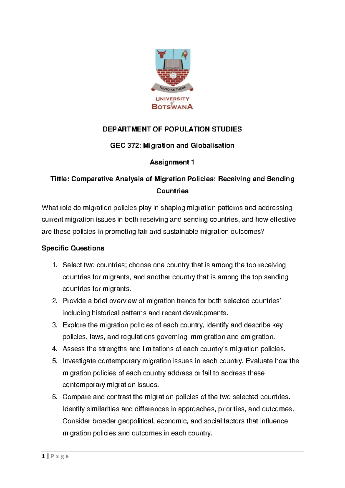 GEC372 Migration&Globalisation Assignment 1 28March 2024 - 1 | P a g e DEPARTMENT OF POPULATION ...