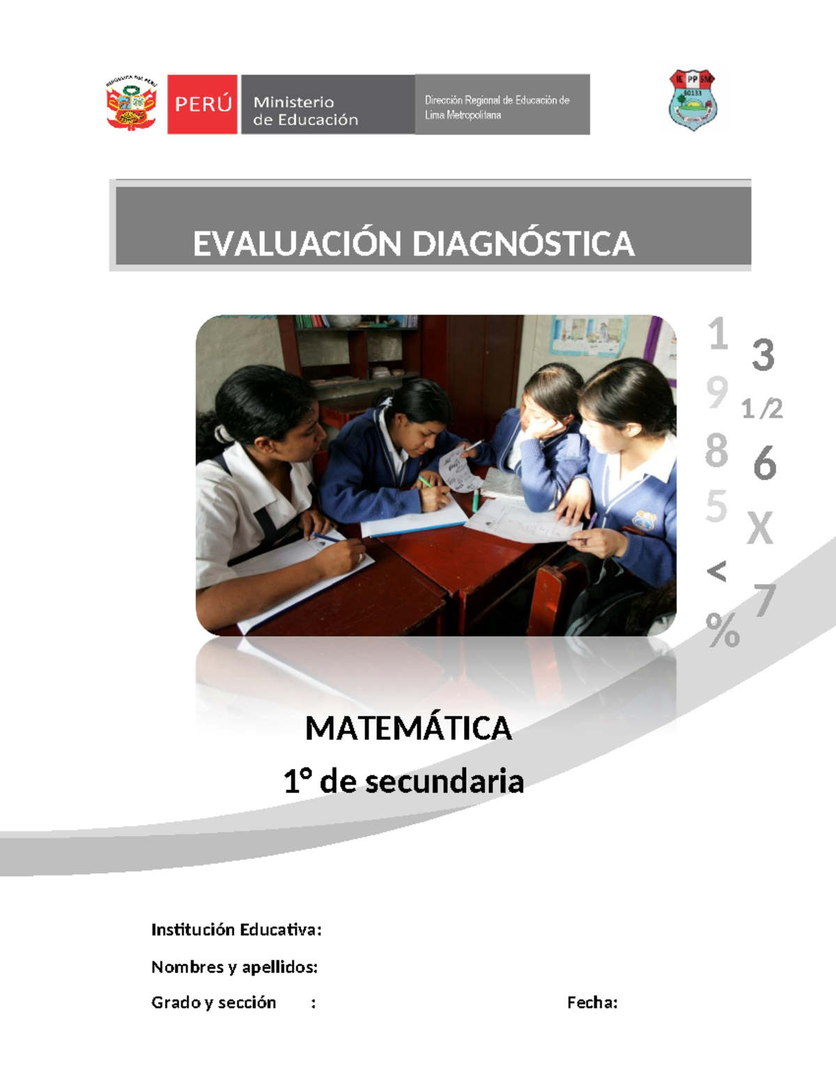 6 Evaluacion Diagnostica de matematica 1ro - EVALUACIÓN DIAGNÓSTICA ...