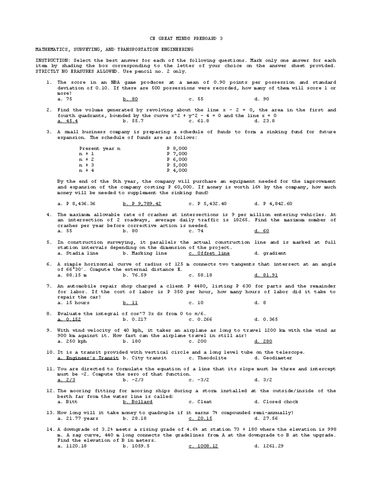 Math preboard 3 a - Practice problems - CE GREAT MINDS PREBOARD 3 MATHEMATICS, SURVEYING, AND ...