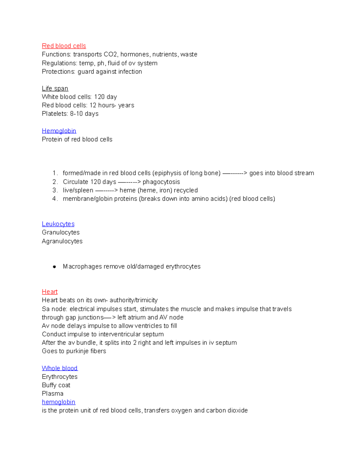 Anatomy Notes - Red blood cells Functions: transports CO2, hormones ...