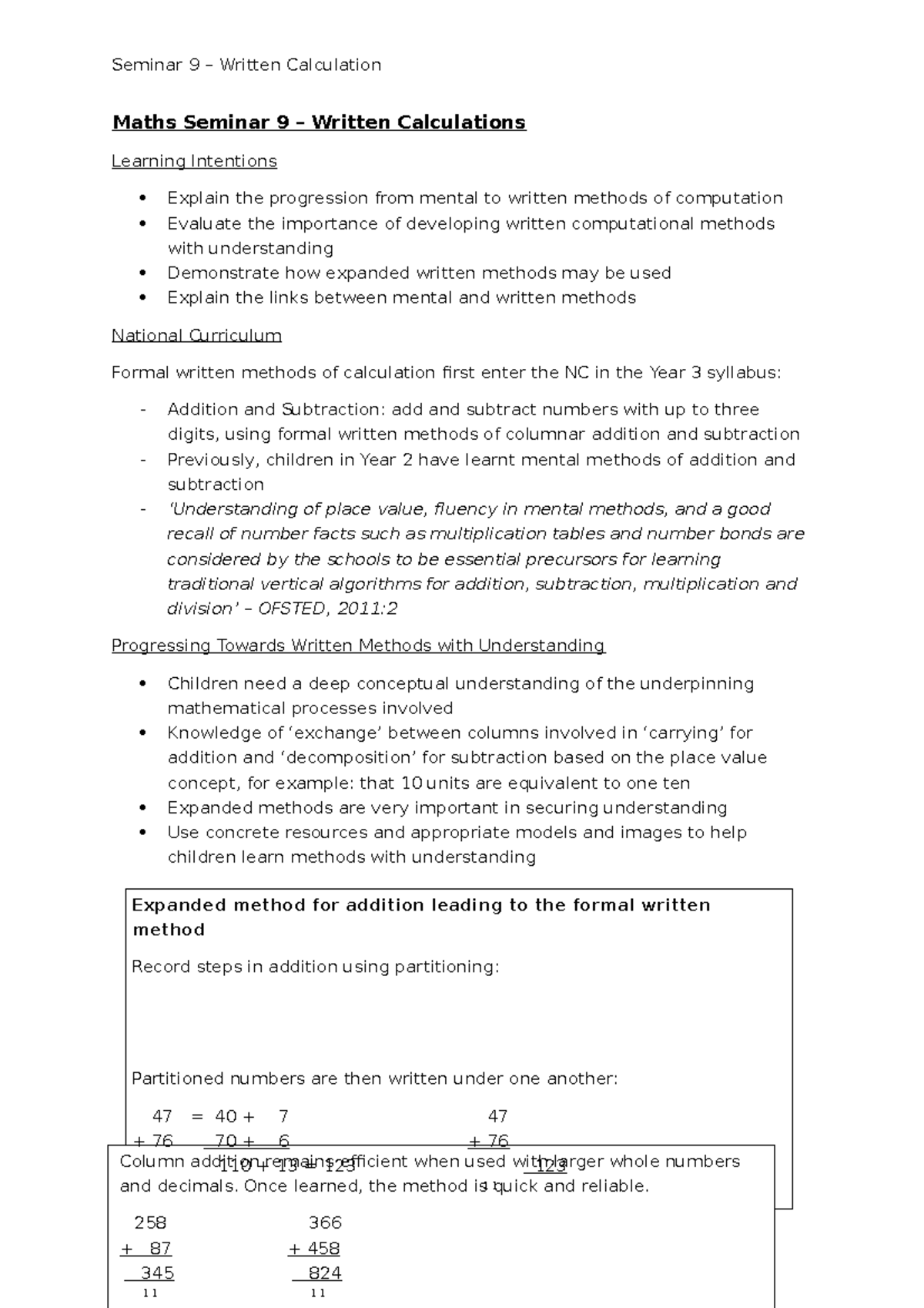 Written Calculations - Seminar 9 – Written Calculation Maths Seminar 9 ...