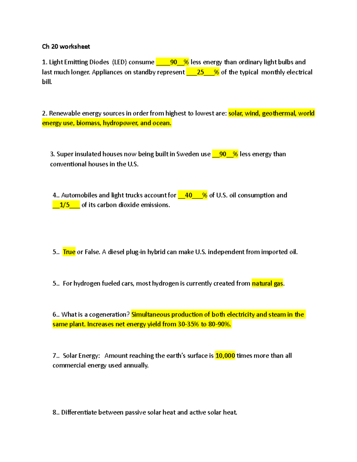 Ch 20 worksheet - Ch 20 worksheet Light Emitting Diodes (LED) consume ...
