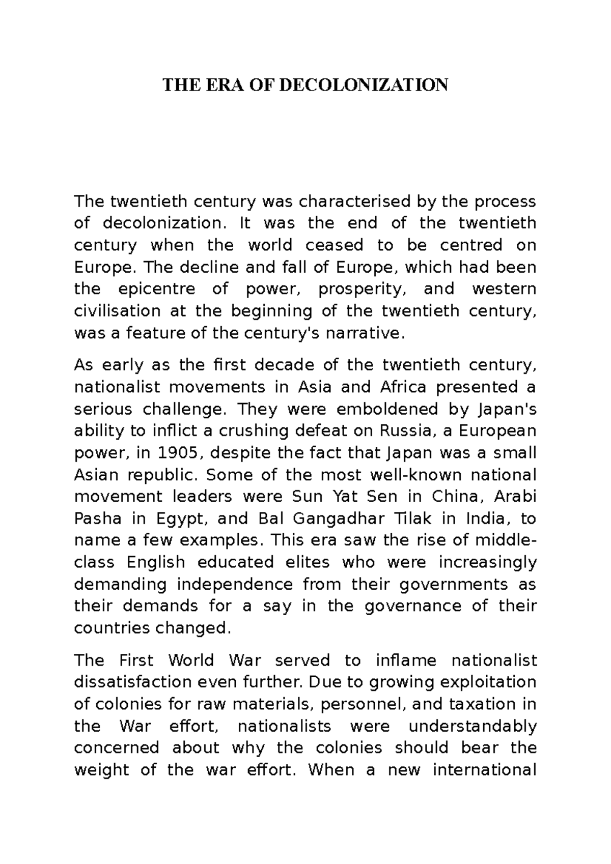 THE ERA OF Decolonization - THE ERA OF DECOLONIZATION The twentieth ...