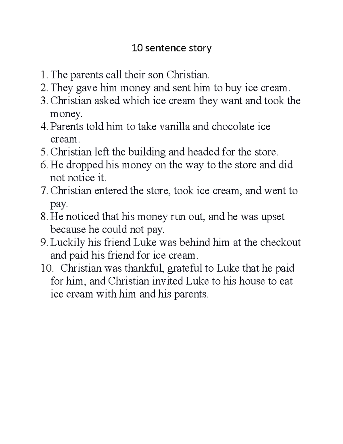 10 sentence story assignment - 10 sentence story The parents call their ...